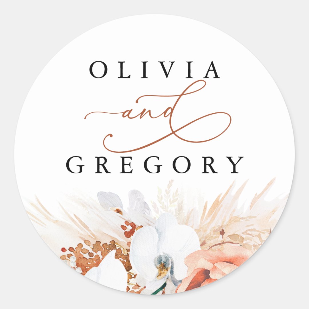 Pampas Grass Floral Terracotta Wedding Classic Round Sticker | Zazzle