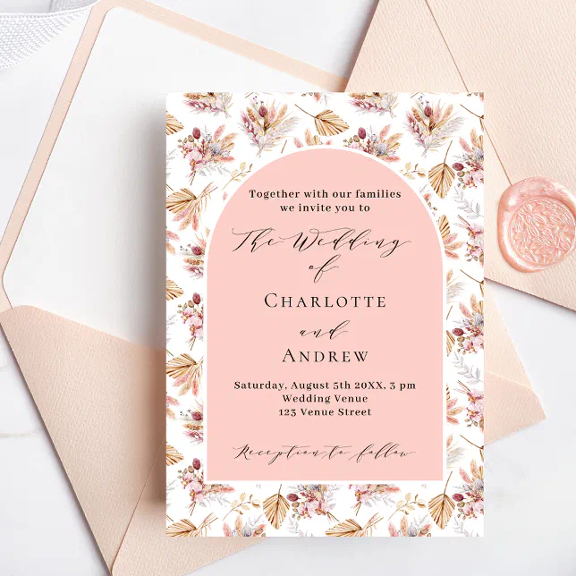 Pampas grass flowers rose gold boho script wedding invitation | Zazzle