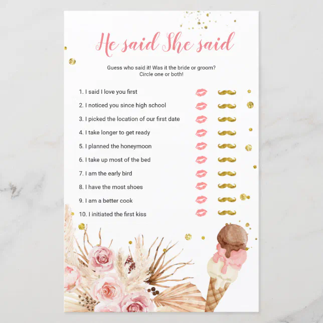 Pampas Grass Ice Cream He said She said Game Card | Zazzle