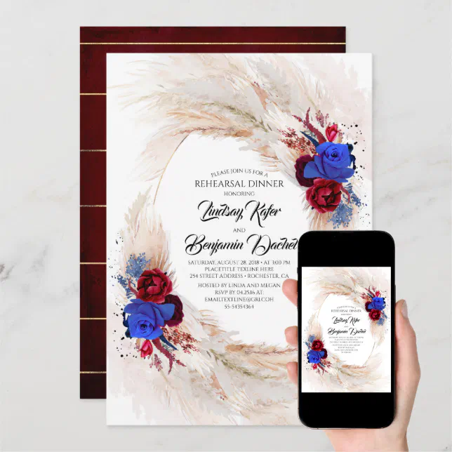 Pampas Grass Navy Blue and Red Rehearsal Dinner Invitation | Zazzle