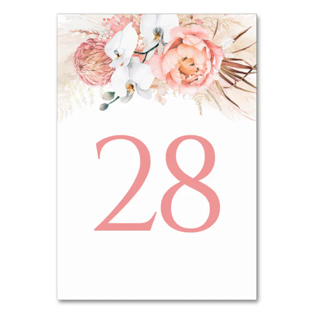 Pampas Grass Pink Floral Table Number Cards | Zazzle