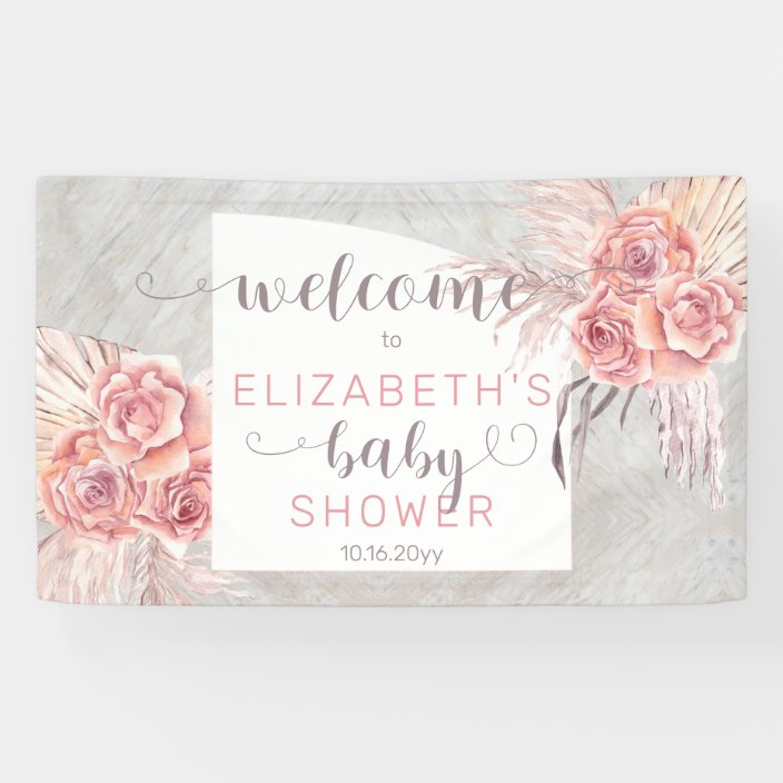Pampas Grass |Rose Blooms Girl Baby Shower Welcome Banner | Zazzle.com