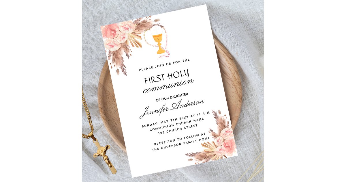 Pampas grass rose blush first holy communion invitation | Zazzle