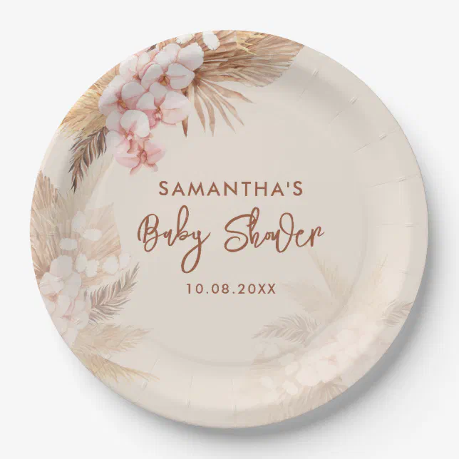 Pampas Grass Script Terracotta Baby Shower Paper Plates | Zazzle