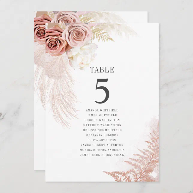 Pampas Grass Table Number 5 Wedding Seating Card | Zazzle