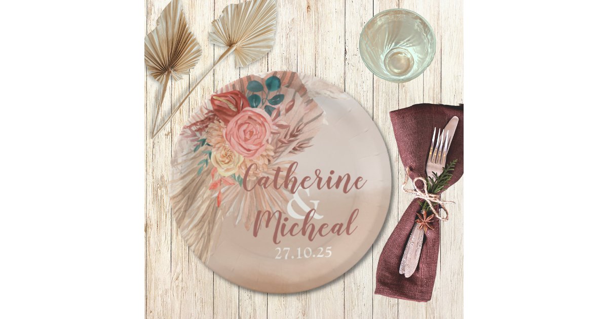 Pampas Grass Terracotta Boho Chic Wedding Party Paper Plates | Zazzle