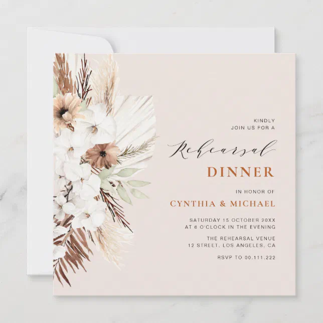 pampas grass terracotta boho rehearsal dinner invitation | Zazzle