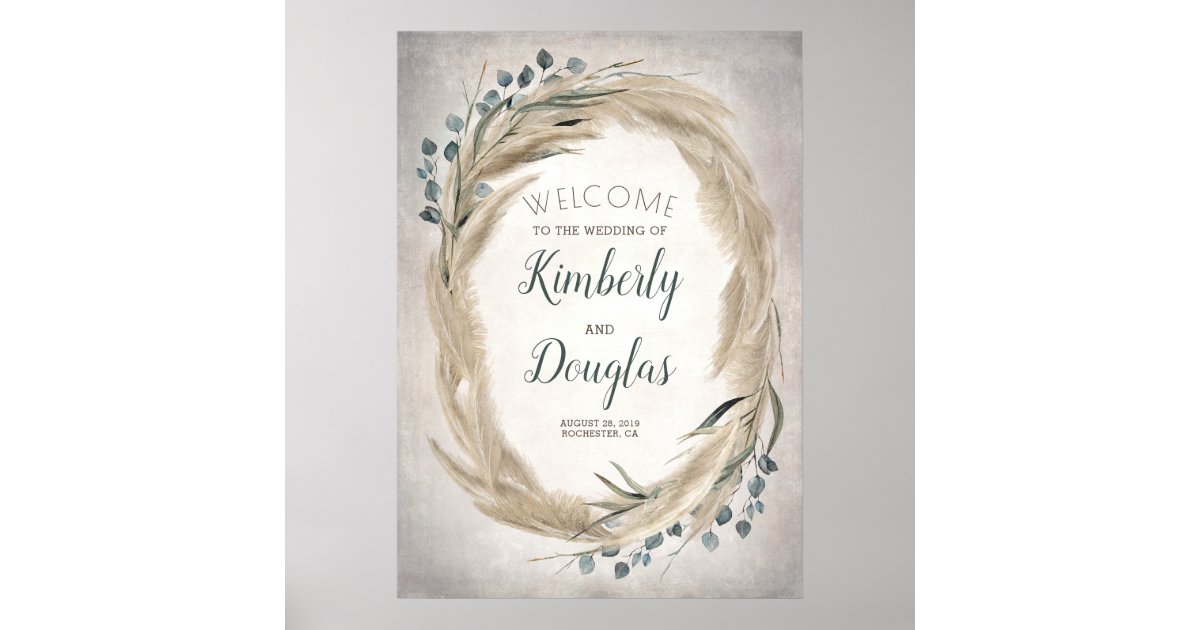 Pampas Grass Wreath Boho Wedding Welcome Sign | Zazzle