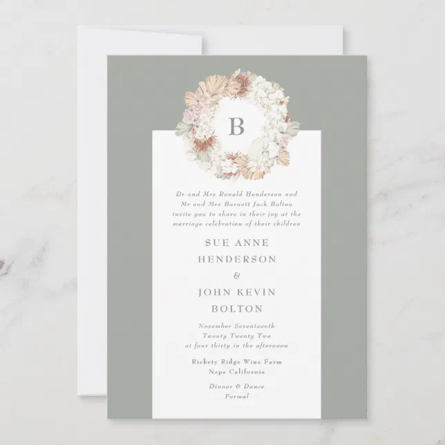 Pampas Wreath Moss Green Monogram Wedding Invitation | Zazzle