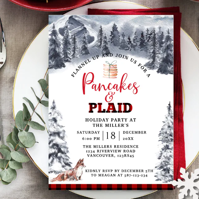 Pancakes and Plaid Holiday Party, Rustic Invitation | Zazzle