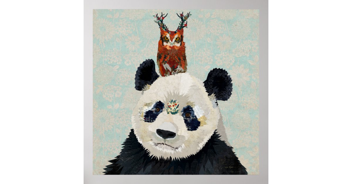 PANDA & ANTLER FLORAL OWL POSTER | Zazzle
