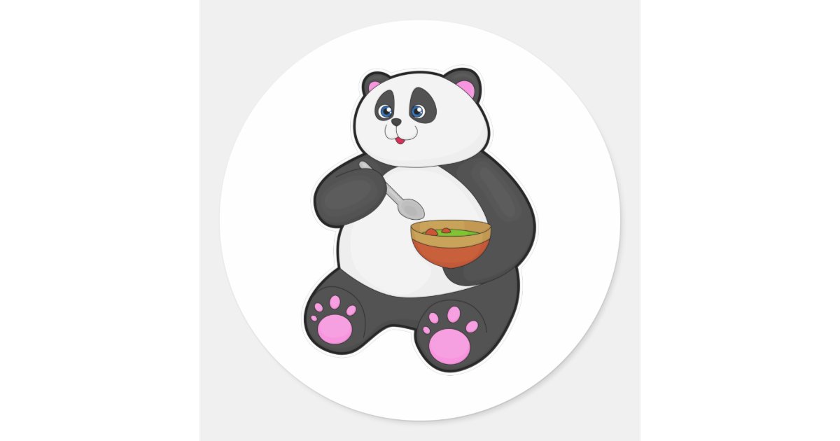 Panda at Eating with Spoon & Bowl Classic Round Sticker | Zazzle