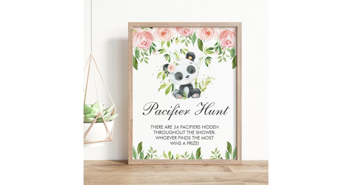 Panda Pink Floral Pacifier Hunt Baby Shower Game Poster | Zazzle