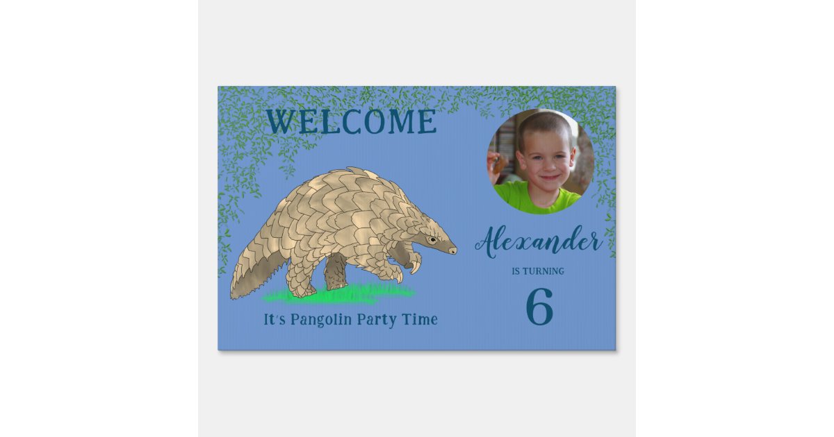 Pangolin Birthday Party Welcome Blue Sign | Zazzle