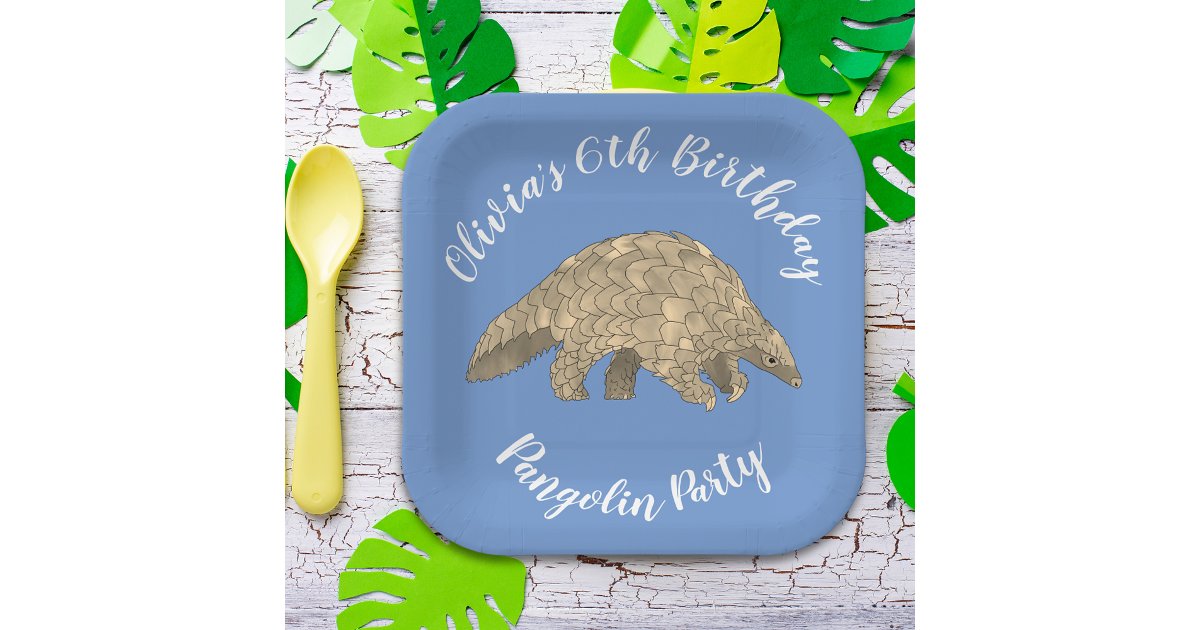 Pangolin Party Kids 6th Birthday Blue Add Name Paper Plates | Zazzle