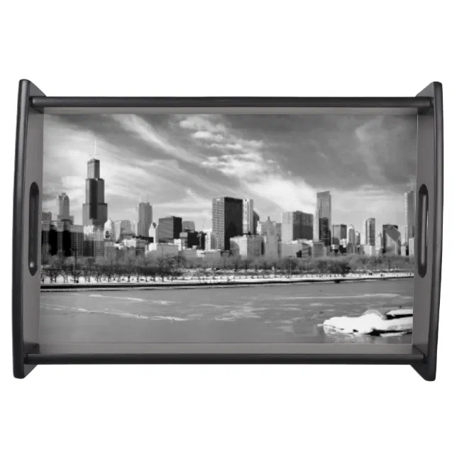 Panoramic view of Chicago skyline in winter Serving Tray | Zazzle