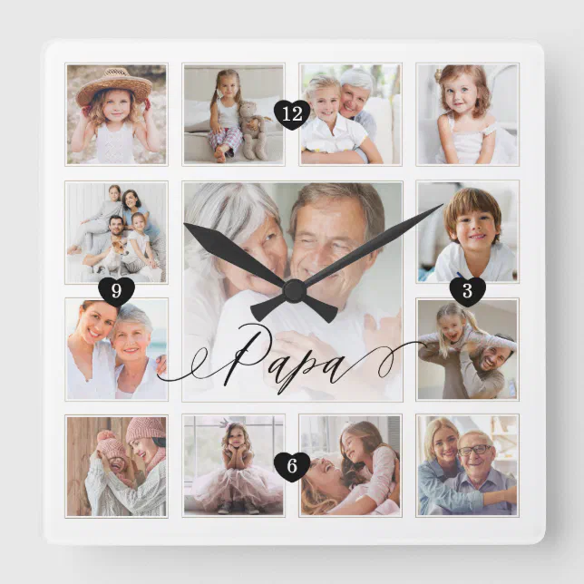 Papa Script Family Memory Photo Grid Collage Square Wall Clock | Zazzle