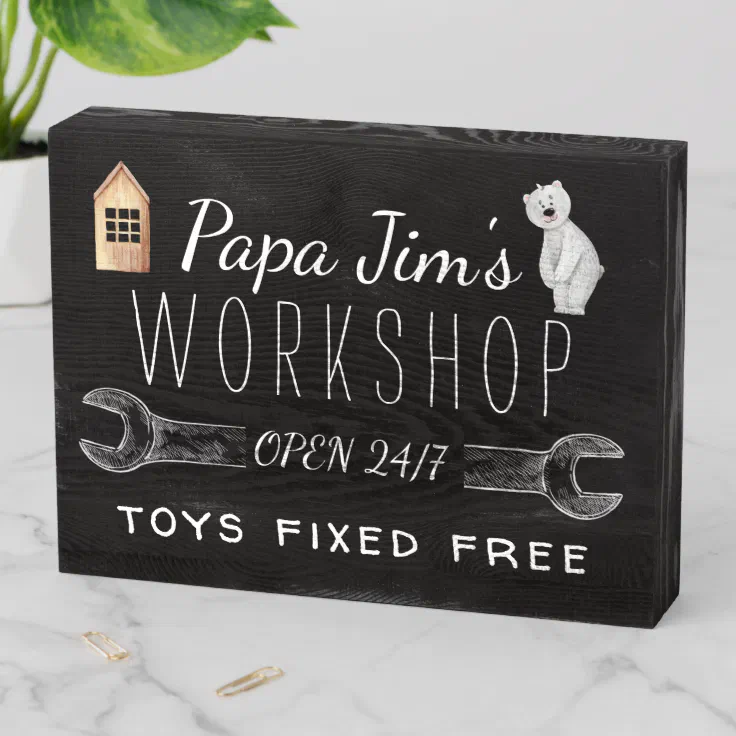Papa's Workshop | Toys Fixed Free Wooden Box Sign | Zazzle