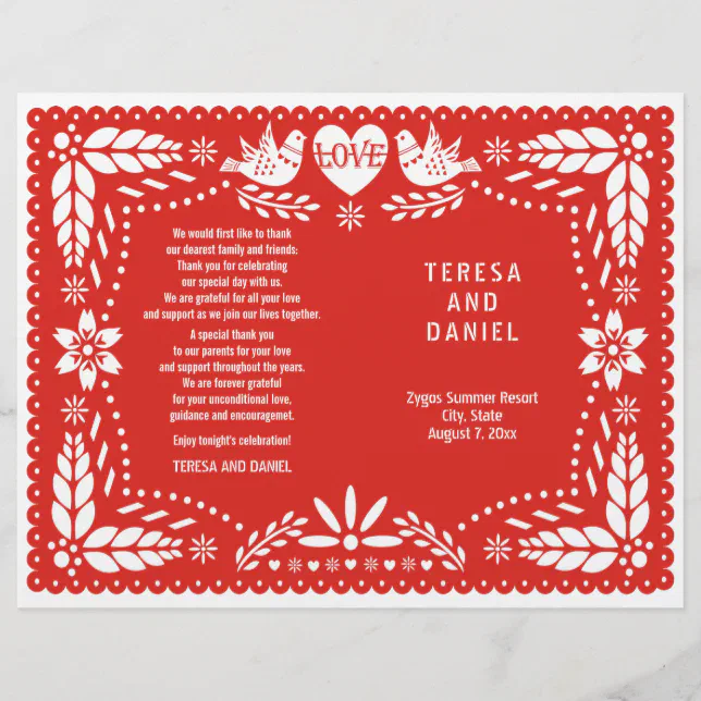 Papel Picado red wedding fiesta folded program | Zazzle
