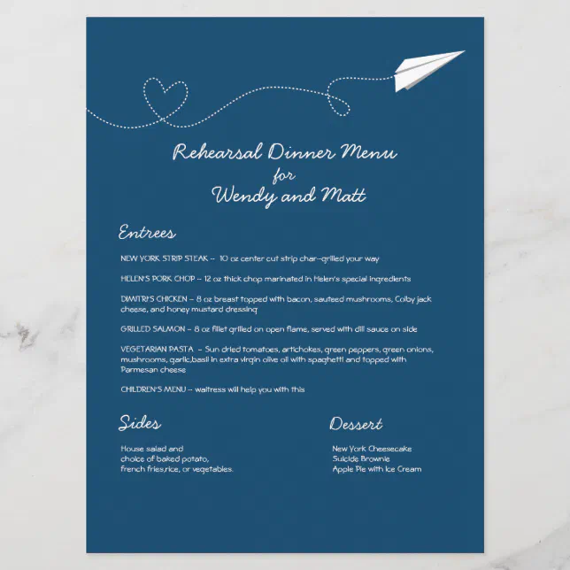 Paper Airplane Menu Card | Zazzle