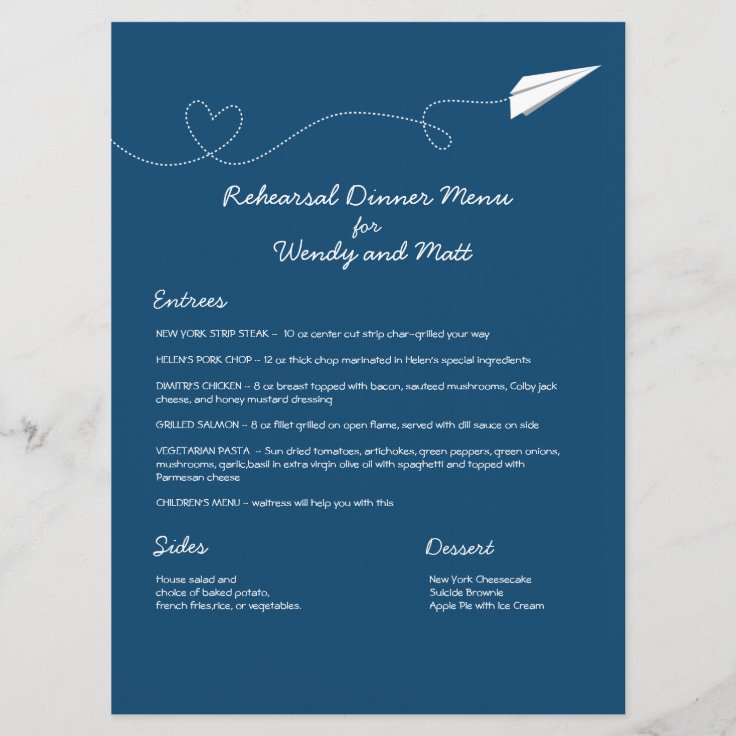 Paper Airplane Menu Card | Zazzle