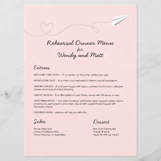 Paper Airplane Menu Card | Zazzle