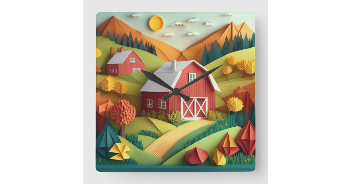 Paper Art Origami Style Farmhouse Scene Square Wall Clock | Zazzle