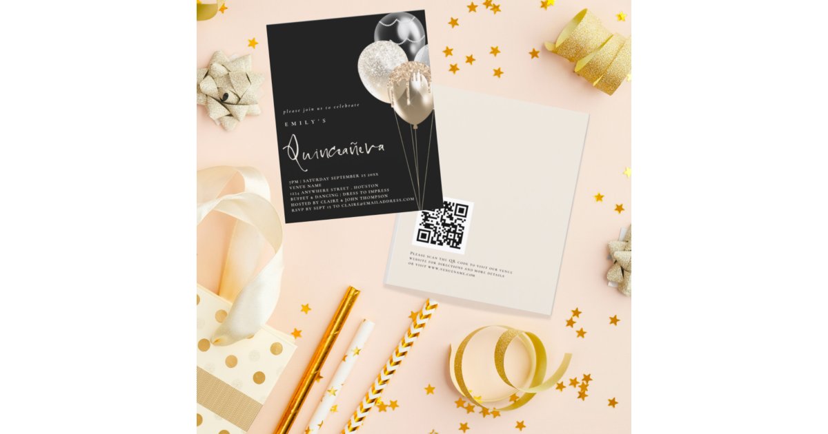 PAPER Balloons Gold QR Code 30th Black Invite | Zazzle
