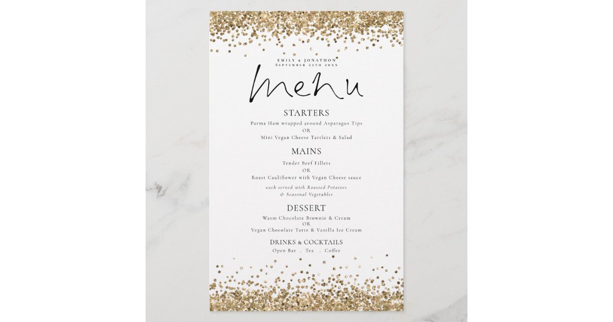 PAPER Gold Glitter Script Wedding Menu | Zazzle