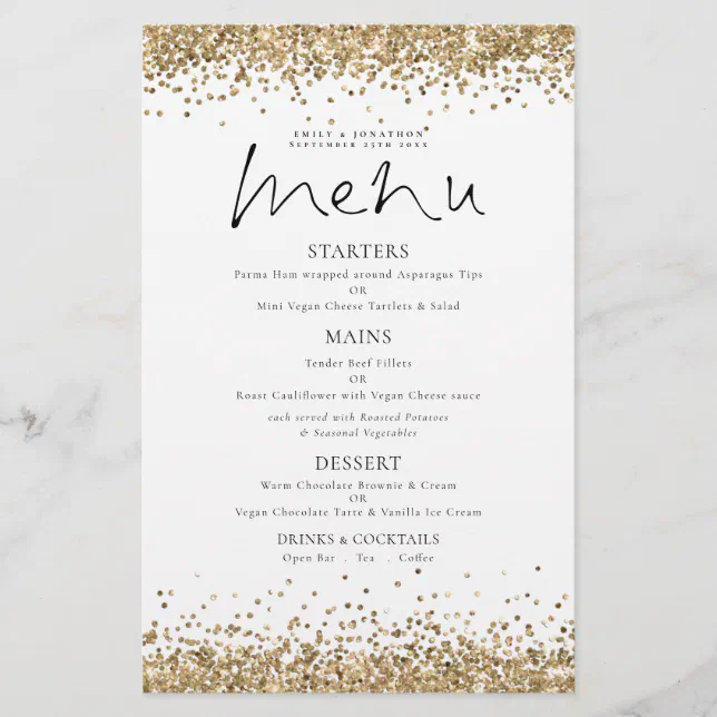 PAPER Gold Glitter Script Wedding Menu | Zazzle