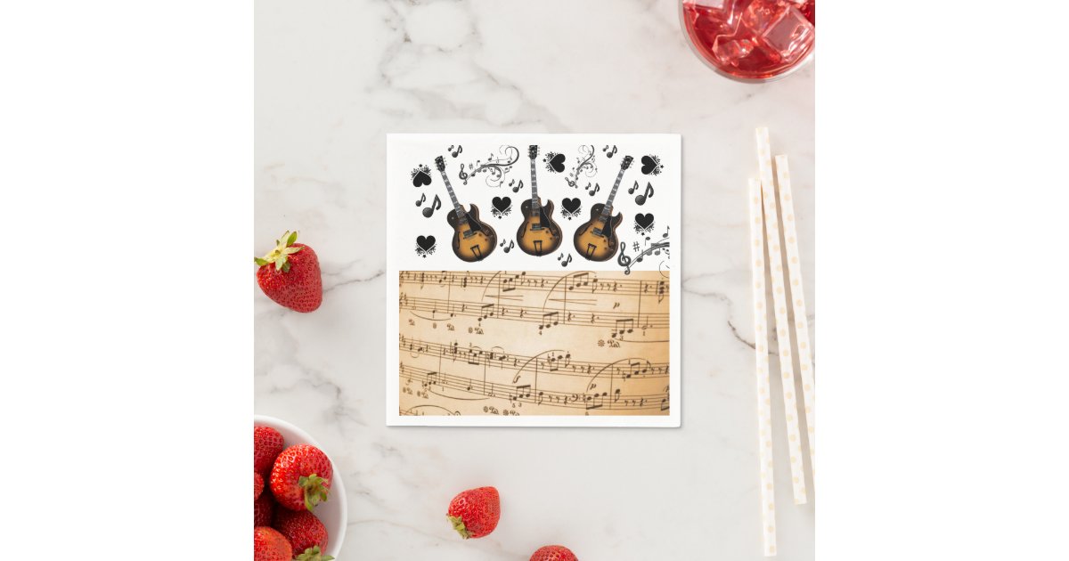 Paper Napkins, Guitar Music Notes Black Hearts Napkins | Zazzle