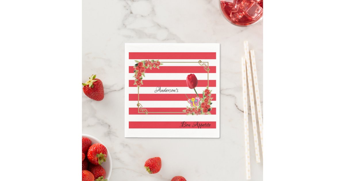Paper Napkins, Red & White Stripe Floral Napkins | Zazzle