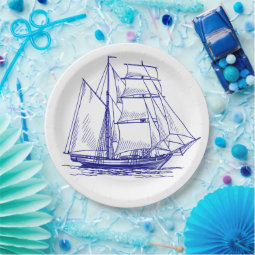 Paper plate Blue sail boat ship nautical | Zazzle