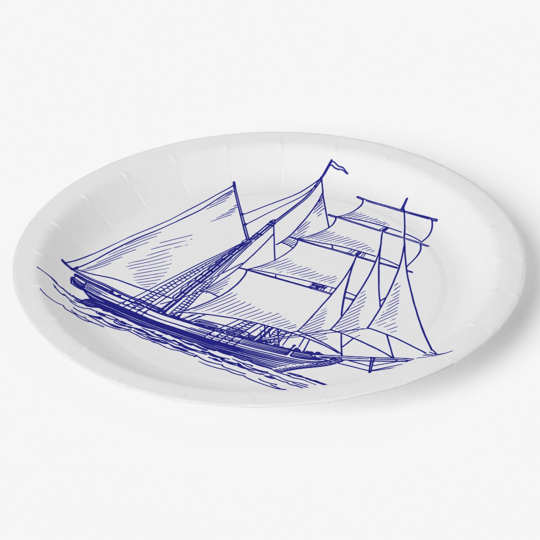Paper plate Blue sail boat ship nautical | Zazzle