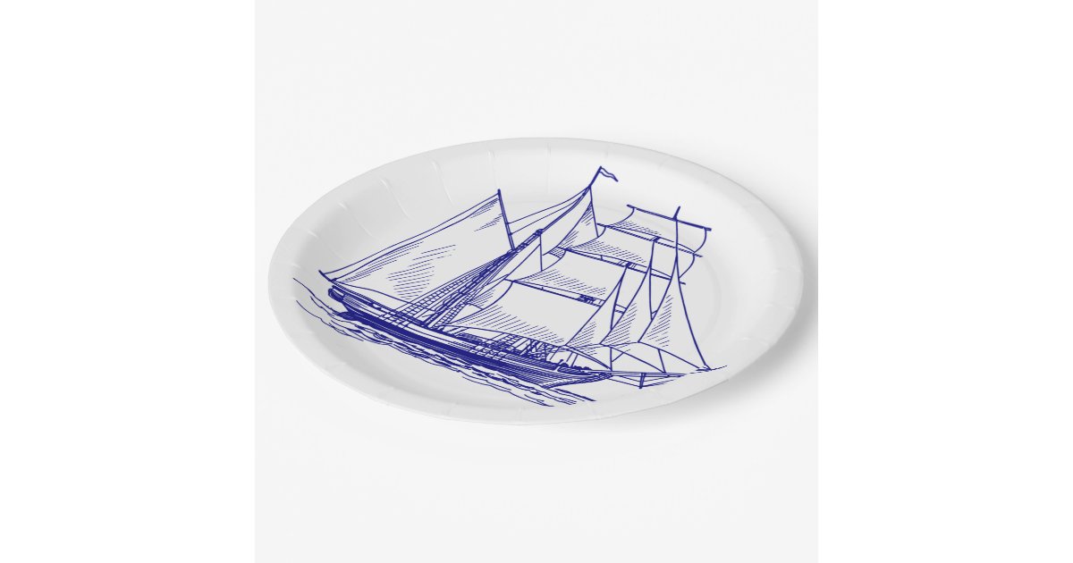 Paper plate Blue sail boat ship nautical | Zazzle