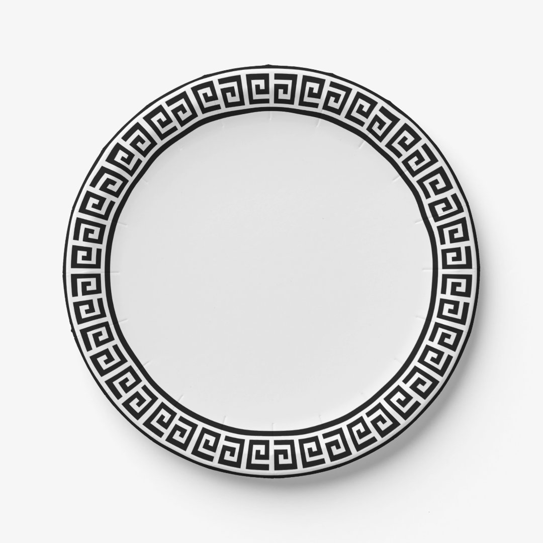 Paper plate with a Greek key pattern design black | Zazzle
