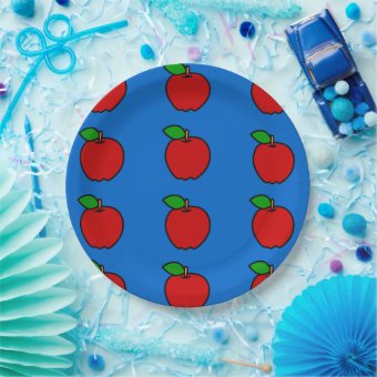 Paper Plate with Red Apples on Blue | Zazzle