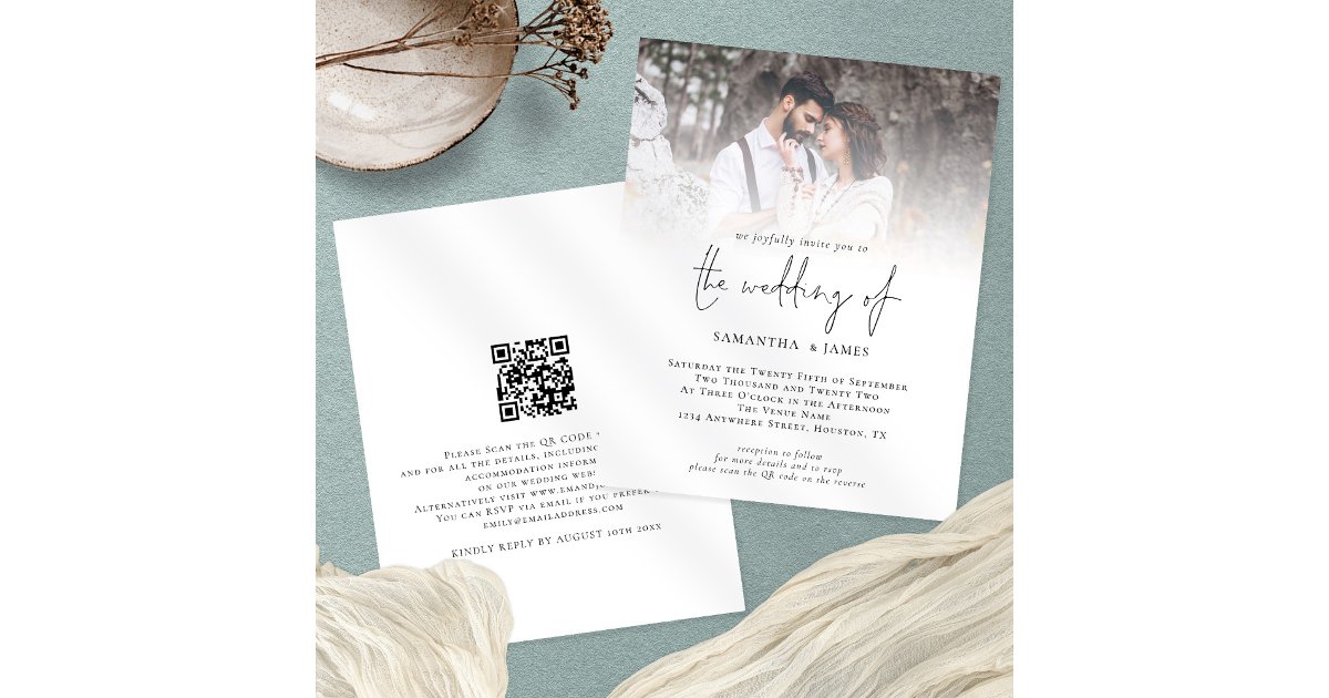 PAPER QR Code Photo Script Wedding Invitation | Zazzle