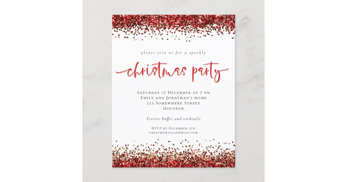 PAPER | Red Gold Glitter Christmas Party Invite | Zazzle