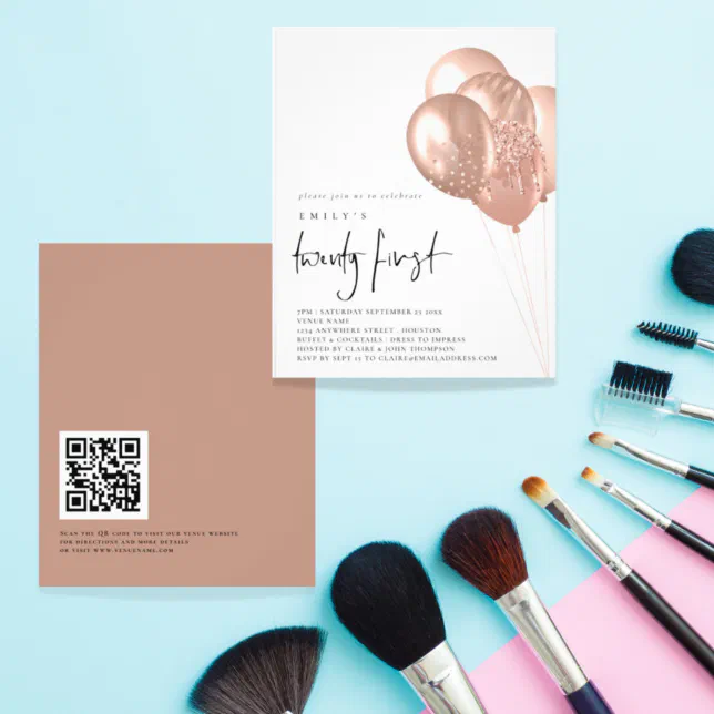 PAPER Rose Gold Balloons QR Code 21st Party | Zazzle