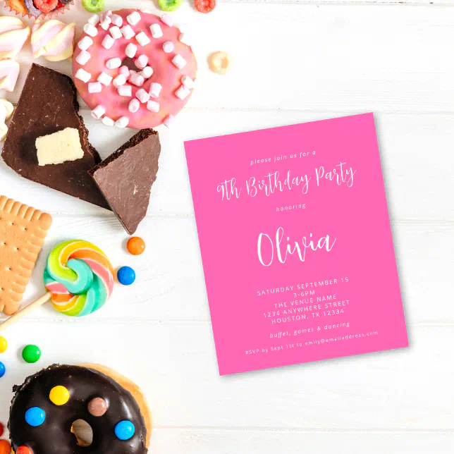 PAPER | Script Hot Pink 9th Birthday Party | Zazzle