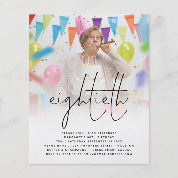 PAPER| Script Photo 80th Birthday Party Invitation Flyer | Zazzle
