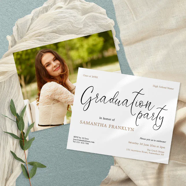 PAPER Script Text Photo Graduation Party Invite | Zazzle