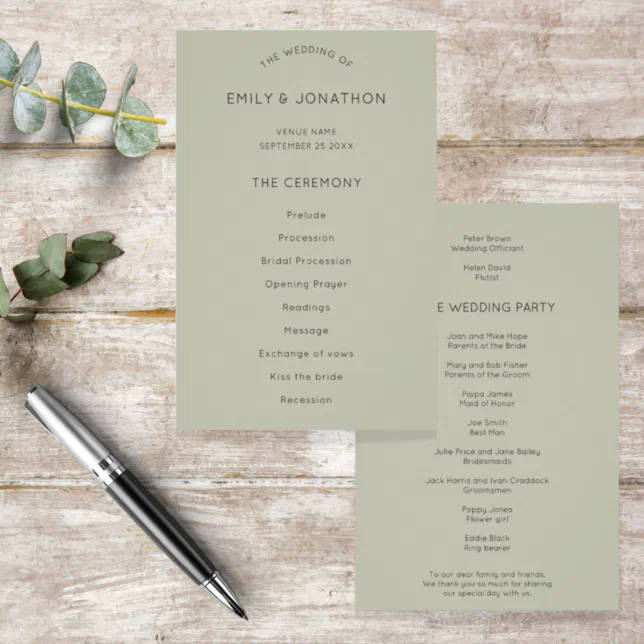 PAPER | Simple Soft Sage Green Wedding Program | Zazzle