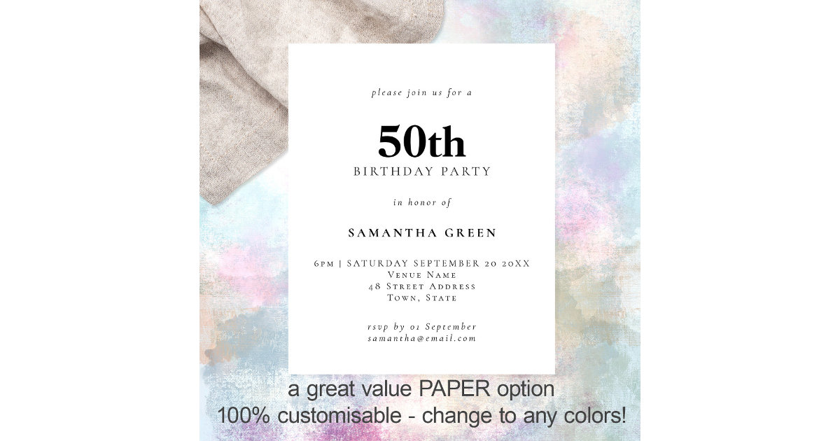 PAPER Simple Text Any Color 50th Birthday Invite | Zazzle