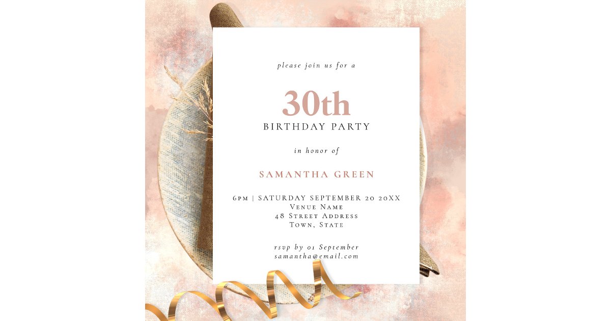 PAPER Simple Text Blush 30th Birthday Invitation | Zazzle