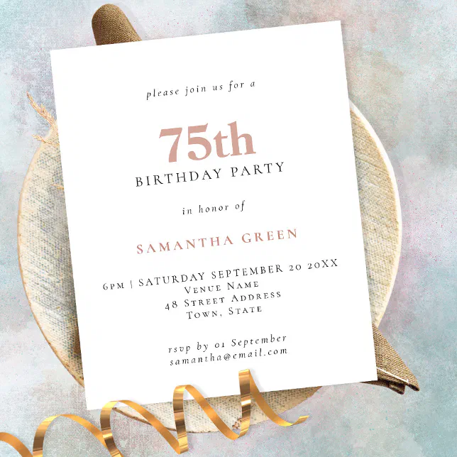 PAPER Simple Text Blush 75th Birthday Invitation | Zazzle