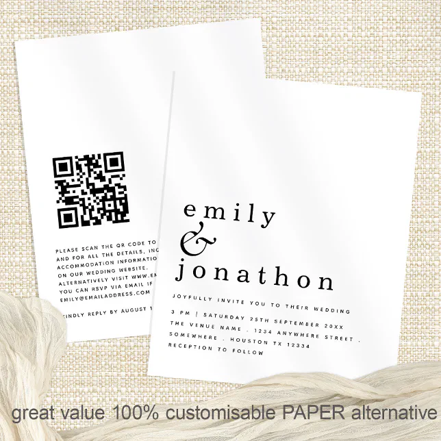 PAPER Simple Text QR Code Wedding Invitation | Zazzle