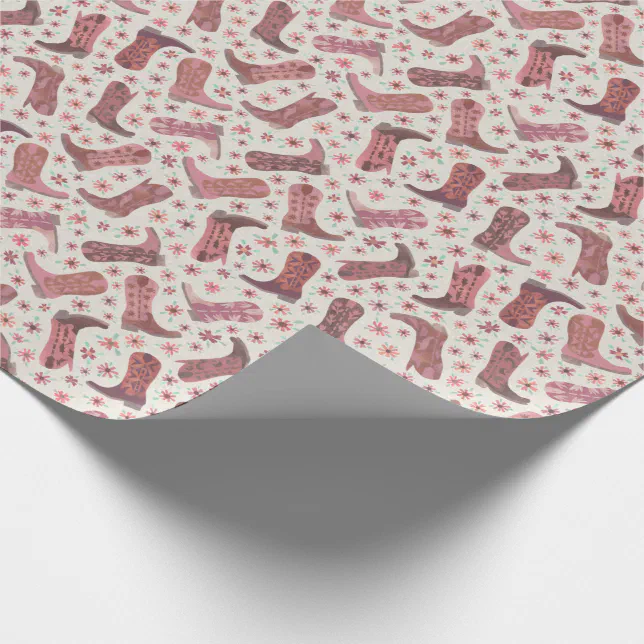 Papercut Cowgirl Boots in Pink and Brown Flowers Wrapping Paper | Zazzle