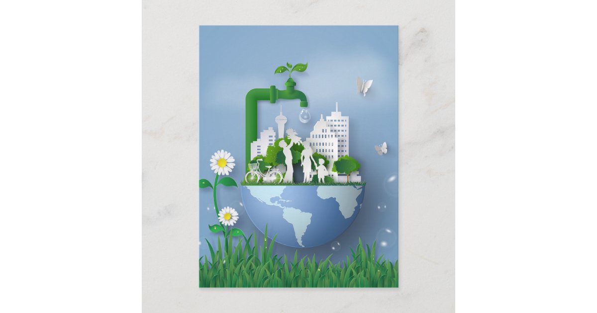 Papercut Earth Day Conservation Faucet & City Postcard | Zazzle